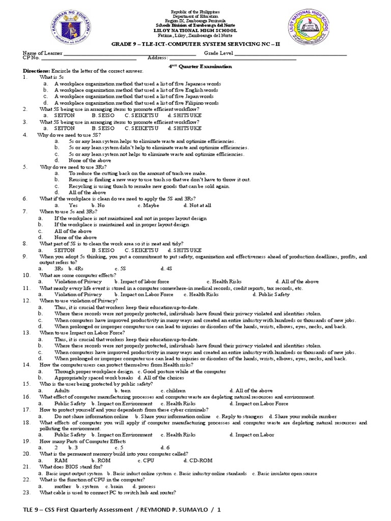 Grade 9 TLE-ICT Computer Servicing Exam | PDF | Bios | Usb Flash Drive