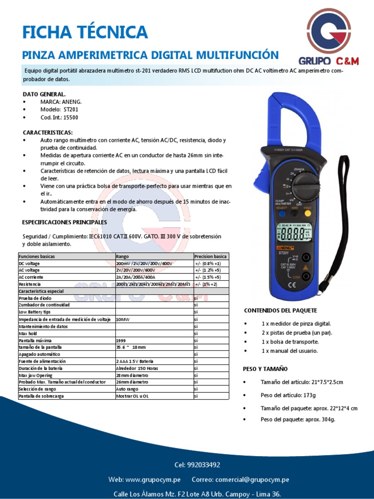 FICHA TECNICA PINZA AMPERIMETRICA DIGITAL MULTIFUNCIONAL Ohm, DC, AC ...
