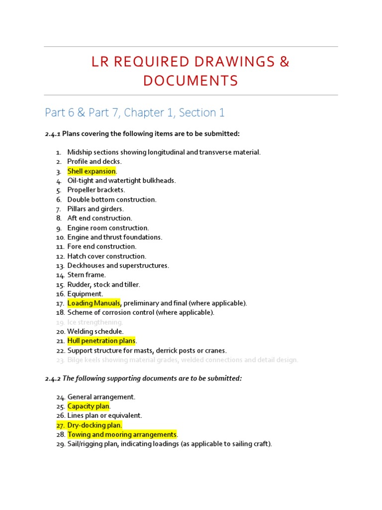 LR Required Drawings List | PDF | Hull (Watercraft) | Heavy Industry