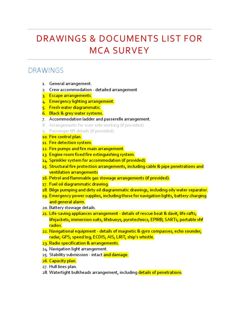 MCA Survey Drawings and Documents List | PDF | Ships | Water Transport