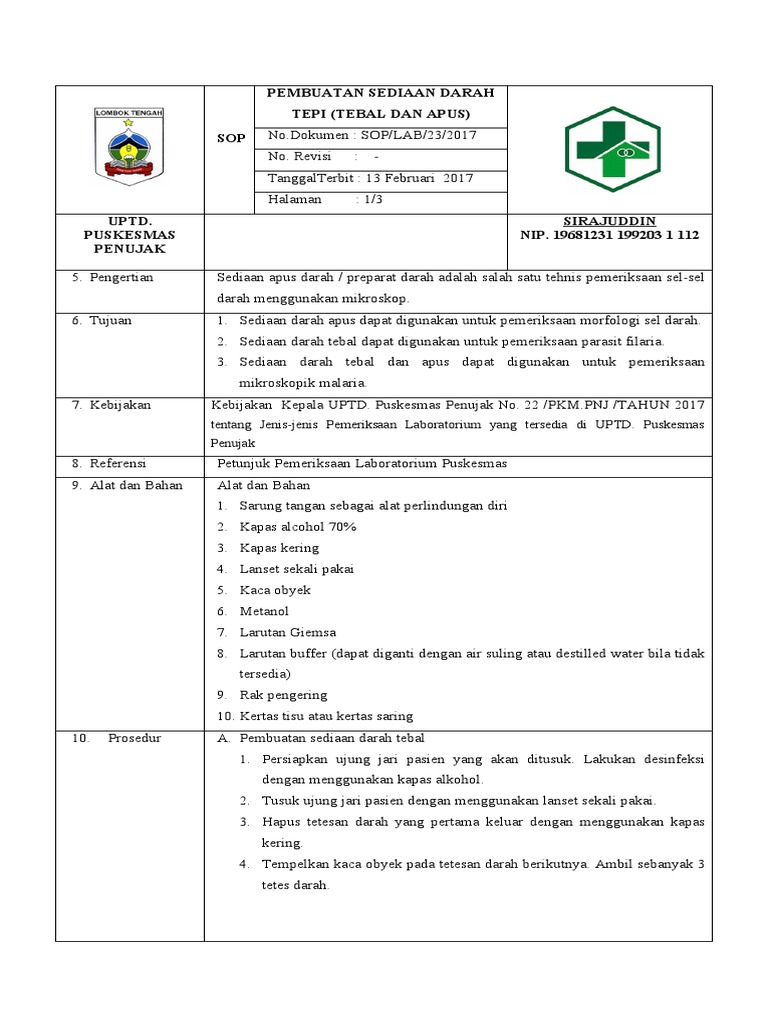 Sop Pembuatan Sediaan Darah Tepi (Tebal Dan Apus) | PDF