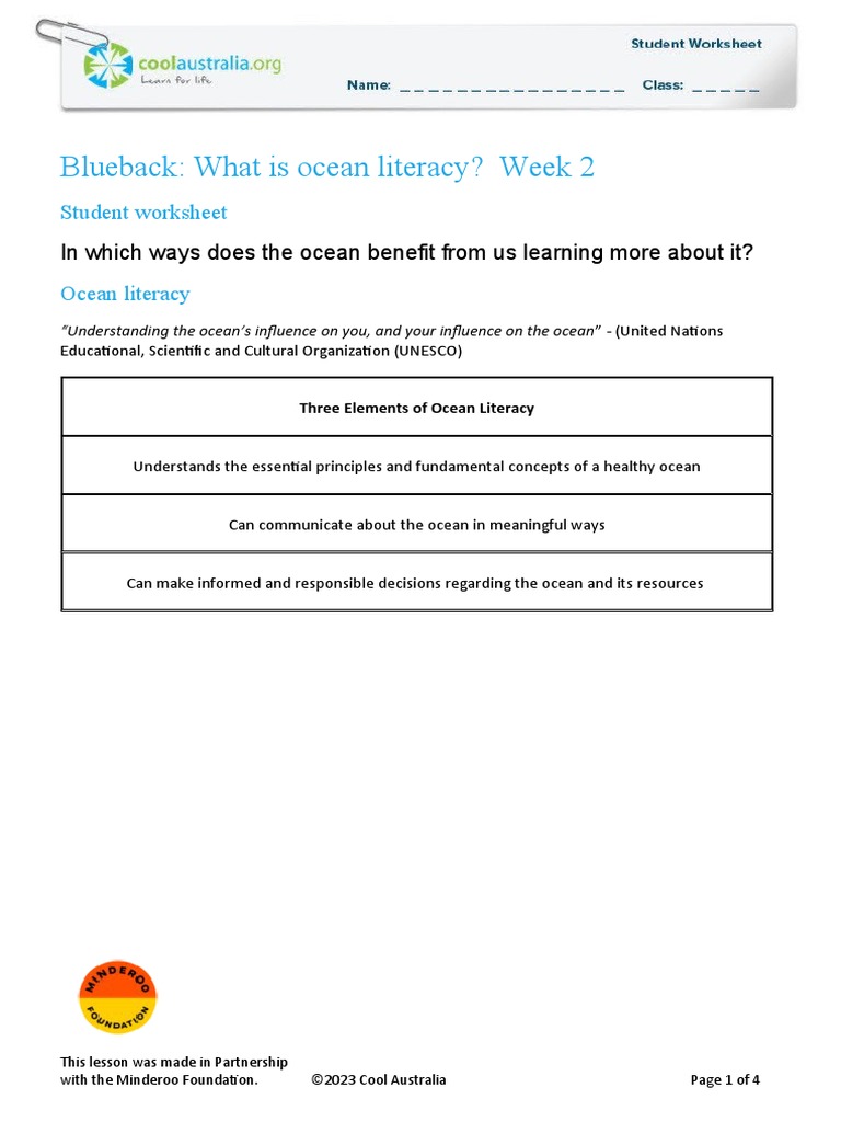 Blueback What Is Ocean Literacy Week 2-Student Worksheet 1 | Download ...