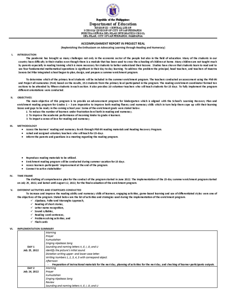 Accomplishment Report Project REAL | PDF | Teachers | Learning