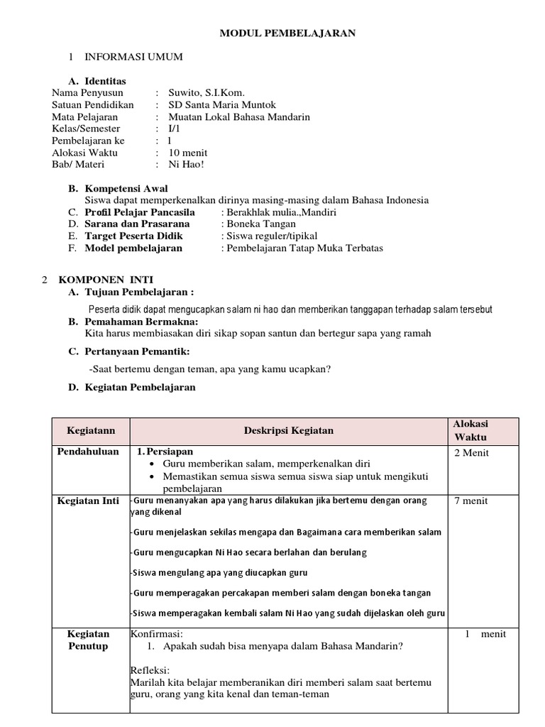 Bahasa Mandarin Kelas 1 Pertemuan 1 Ni Hao Pdf