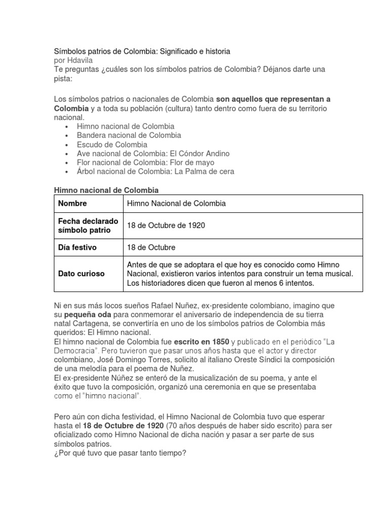 Símbolos Patrios De Colombia Pdf Colombia Los Símbolos