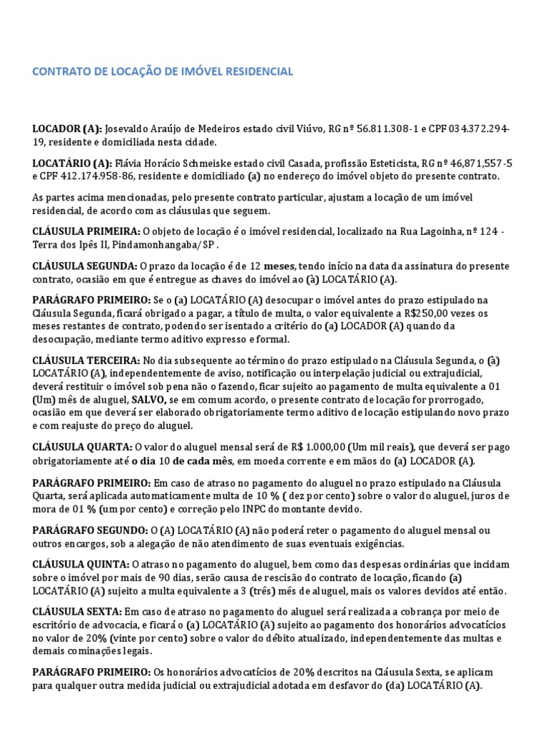 Modelo de Contrato de Aluguel Simples Word para Preencher Atualizado | Download grátis PDF ...