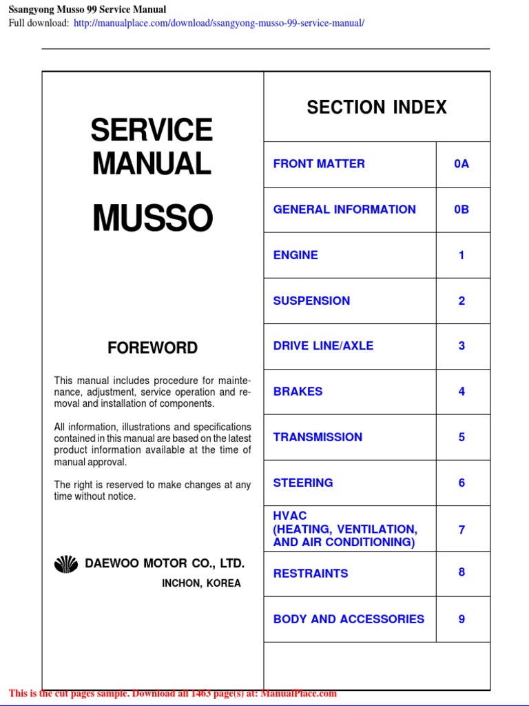 Ssangyong Musso 99 Service Manual | PDF | Motor Oil | Manual Transmission