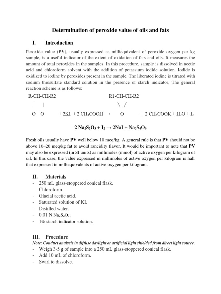 Lab 9-3-Determination of Peroxide Value of Oils and Fats | PDF ...