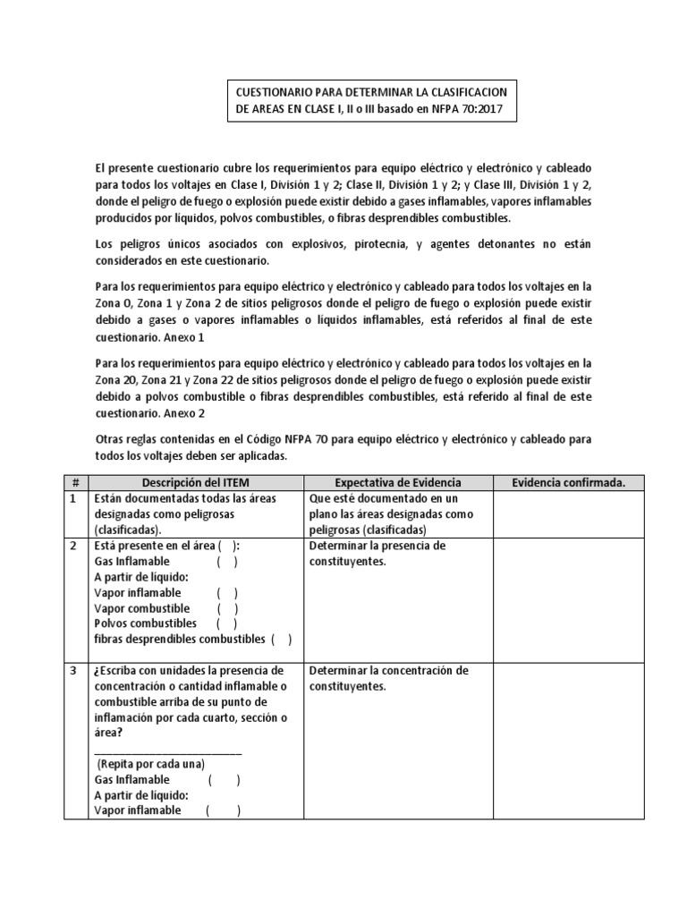 Cuestionario de Los Requerimientos para Clase I, II y III en Una Planta ...