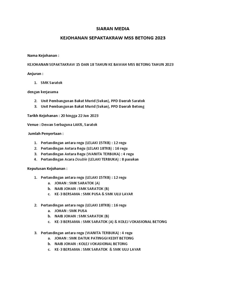 Siaran Media Kejohanan Sepaktakraw MSS Betong 2023 | PDF