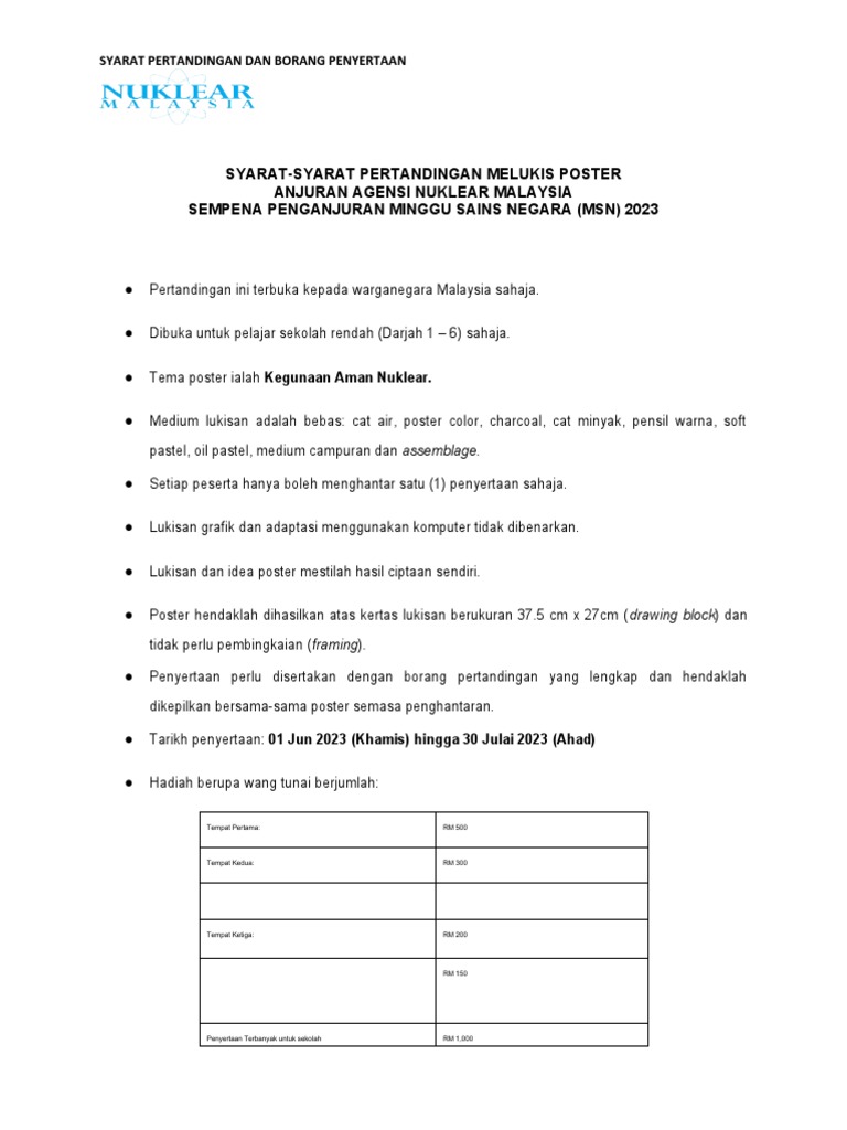 Syarat Pertandingan Borang Penyertaan Melukis Poster Sains 2023 | PDF
