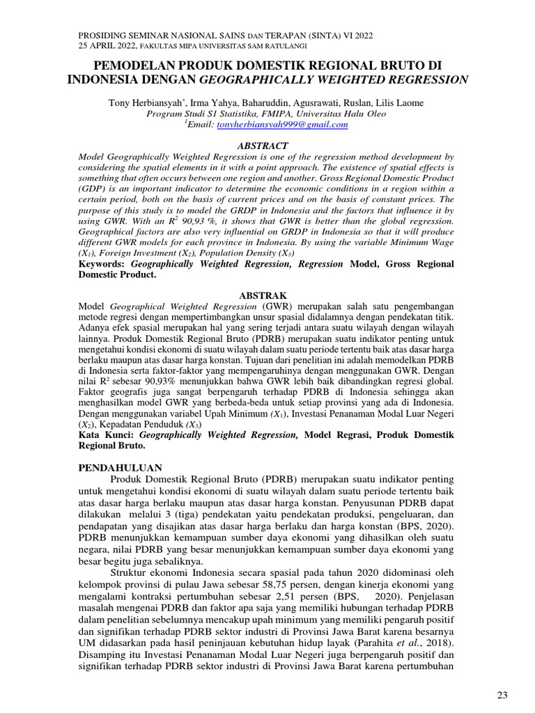 Pemodelan Produk Domestik Regional Bruto Di Indonesia Dengan Geographically Weighted Regression