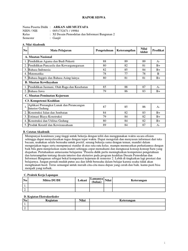 Rapor New Xi Dpib 2 Smt1 - Arkan Abi Muzyafa | PDF