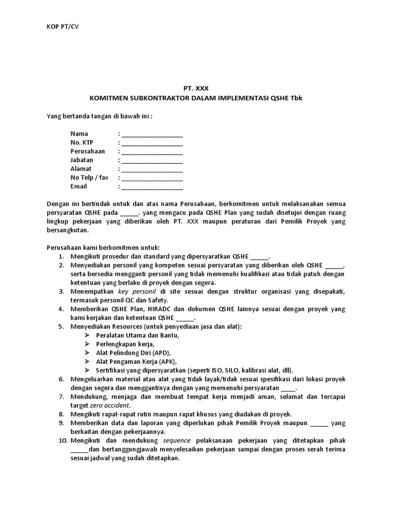 Komitmen QSHE Subkontraktor PT. XXX | PDF