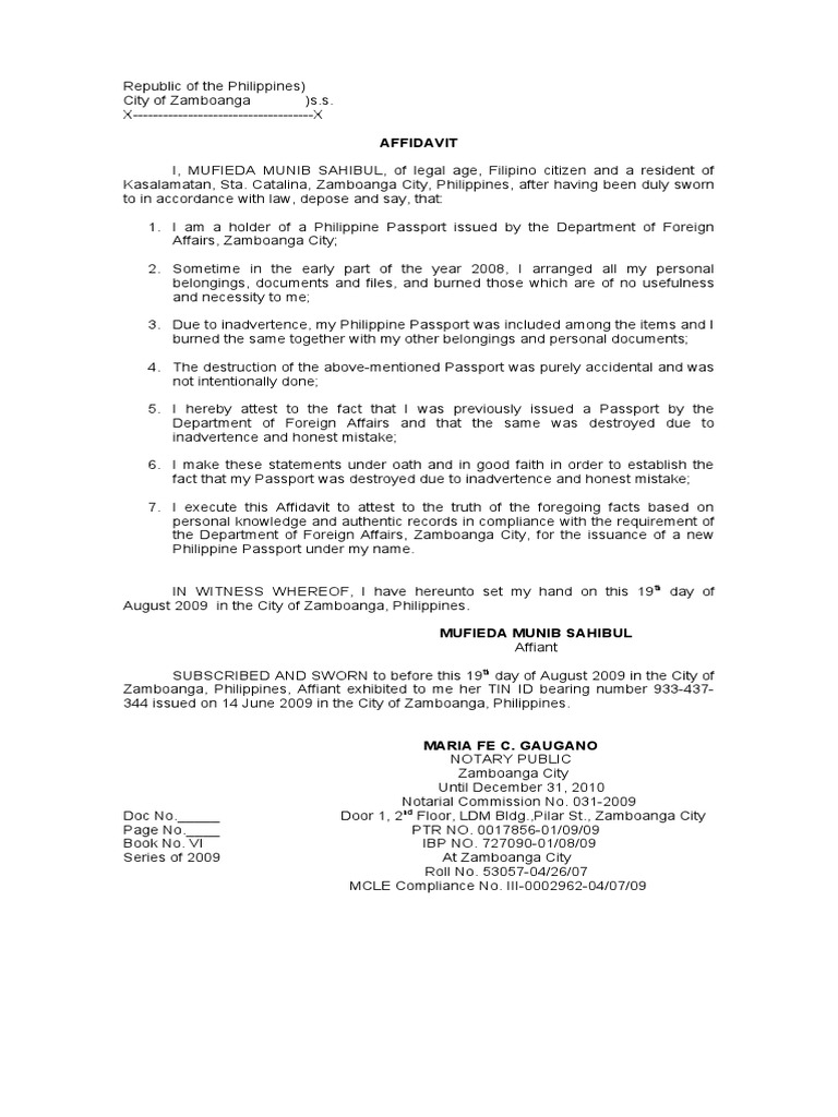 Affidavit of Accidental Passport Destruction | PDF | Affidavit | Document