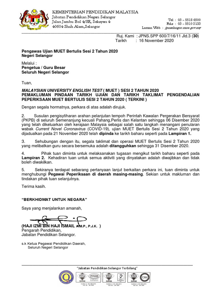 PENGAWAS MUET BERTULIS SURAT PINDAAN TARIKH EXAM KE TAHUN 2021 | PDF