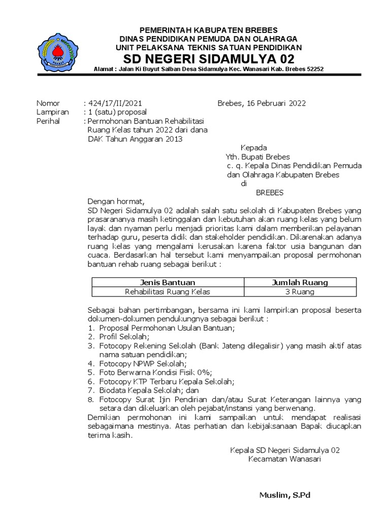 2 - Surat Permohonan Bantuan Rehab Ruang Kelas 2022 | PDF 2 - Surat Permohonan Bantuan Rehab Ruang Kelas 2022 | PDF