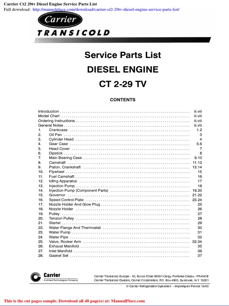 Carrier Ct2 29tv Diesel Engine Service Parts List | PDF