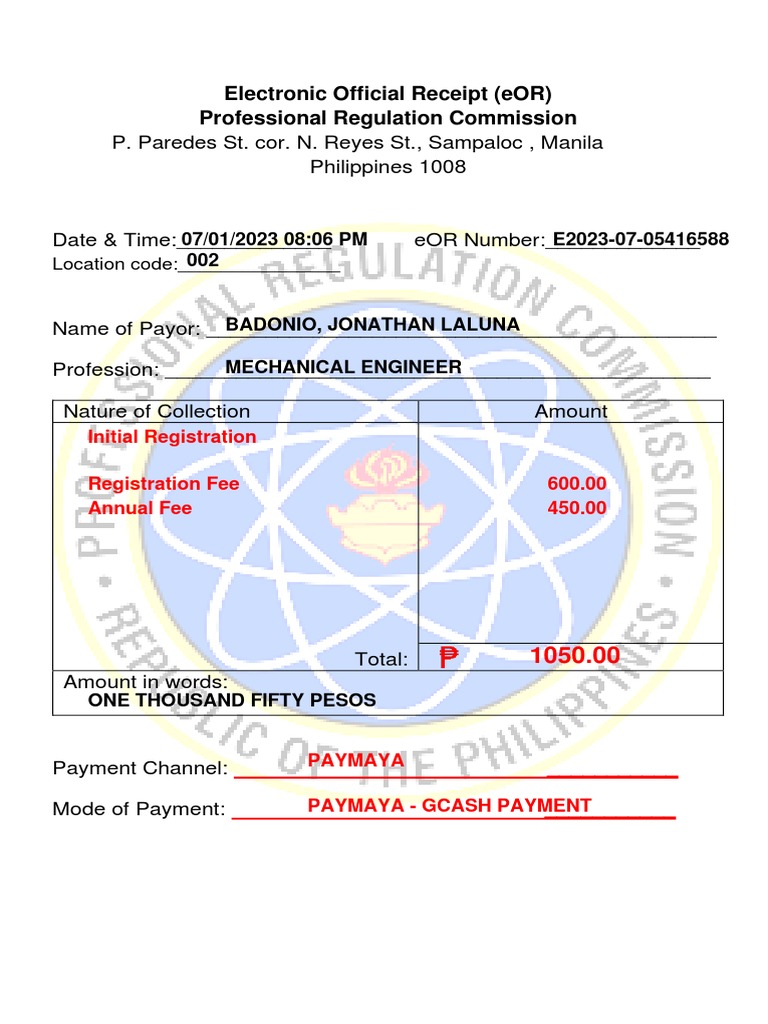 PRC Receipt | PDF | Finance & Money Management
