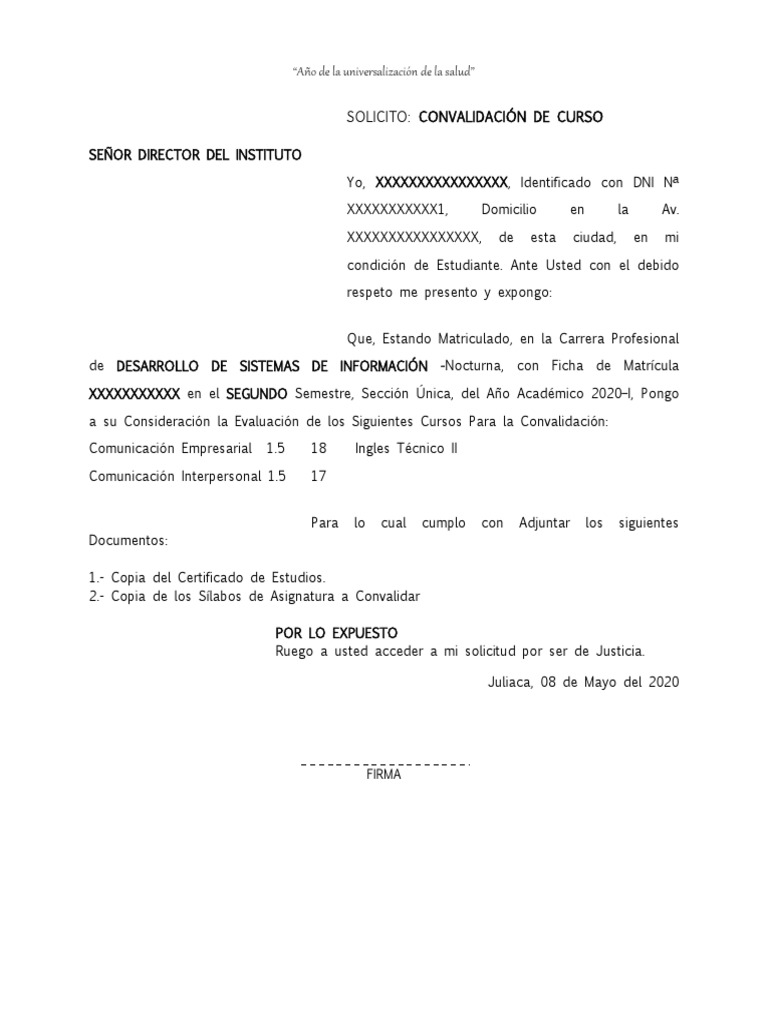 Solicitud de Convalidación de Cursos 2020 | PDF