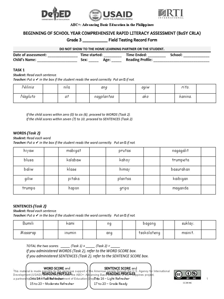 CRLA NToT G3 FT Record Form. FILIPINO - NTES2 | PDF | Literacy ...