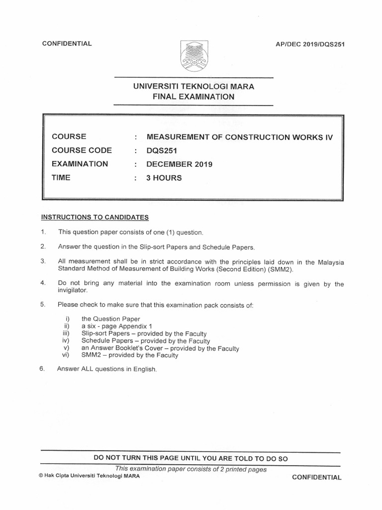 DQS251 Construction Measurement Exam 2019 | PDF | Deep Foundation | Welding