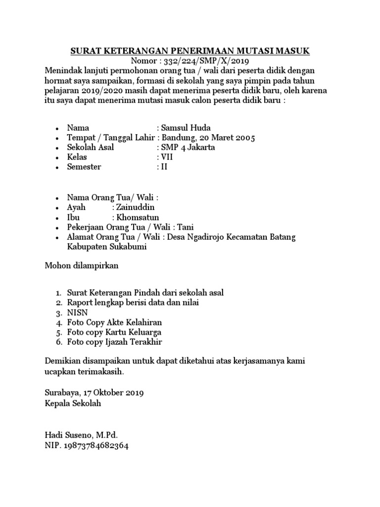 Surat Keterangan Penerimaan Mutasi Masuk | PDF