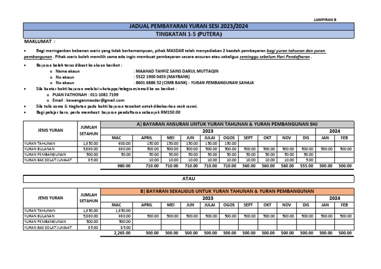 Yuran Sesi 2023-2024 Putera | PDF