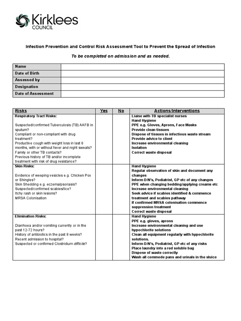 Infection Prevention Control Risk Assessment Prevent Infection | PDF