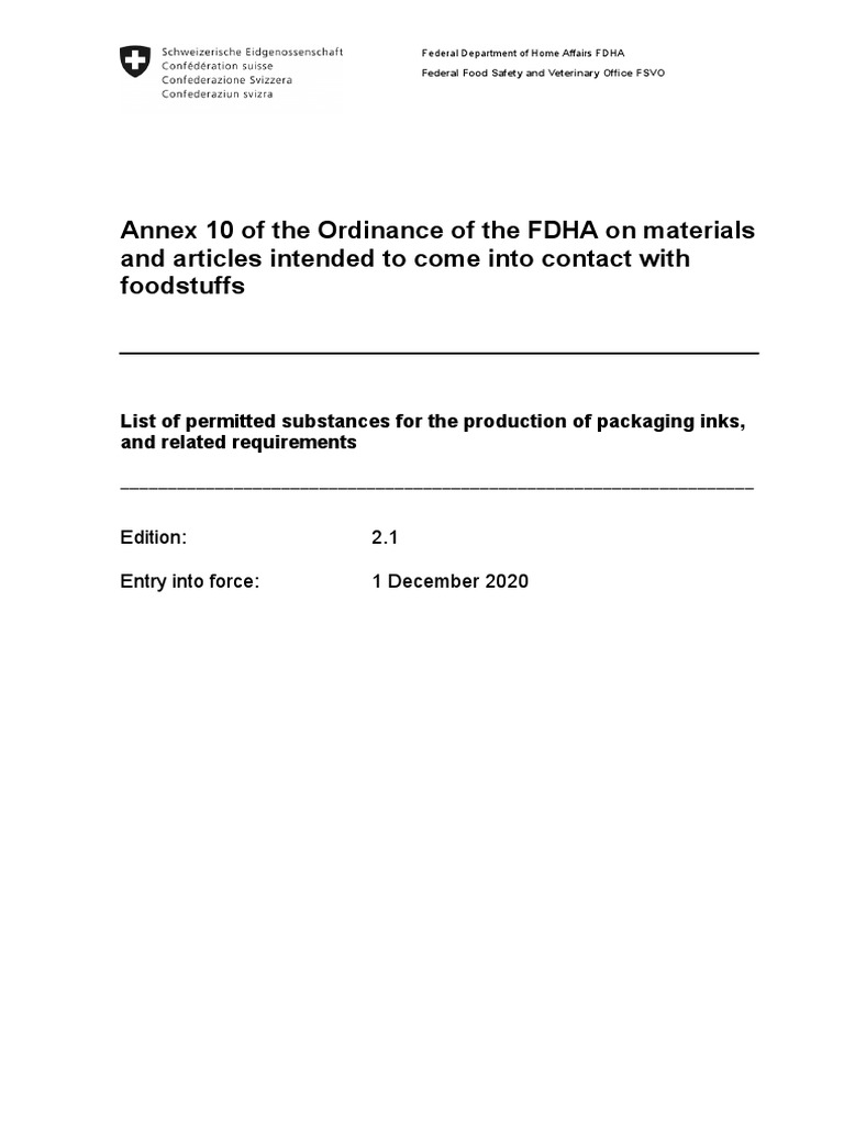 Annex 10 Ordinance Fdha Materials and Articles Intended To Come Into ...