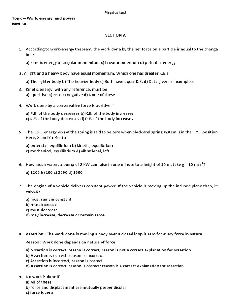Work Energy Power Test | PDF