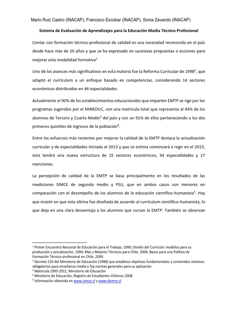 Sistema de Evaluación de Aprendizajes para La Educación Media Técnico Profesional, 395376c | PDF ...