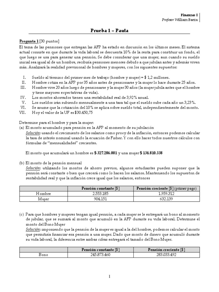 Fin 1 Prueba 1 - Pauta | PDF