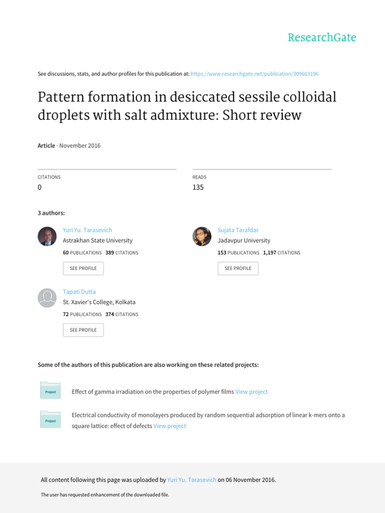 Pattern Formation in Desiccated Sessile Colloidal | PDF