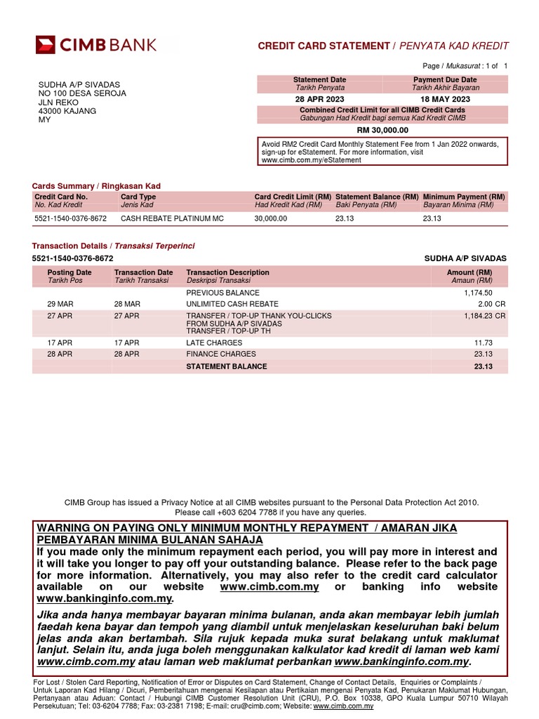 Credit Card Statement / Penyata Kad Kredit: Sudha A/P Sivadas No 100 Desa Seroja JLN Reko 43000 ...