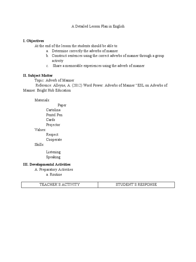 Grade 7 Adverb of Manner Lesson Plan | PDF | Verb | Adverb
