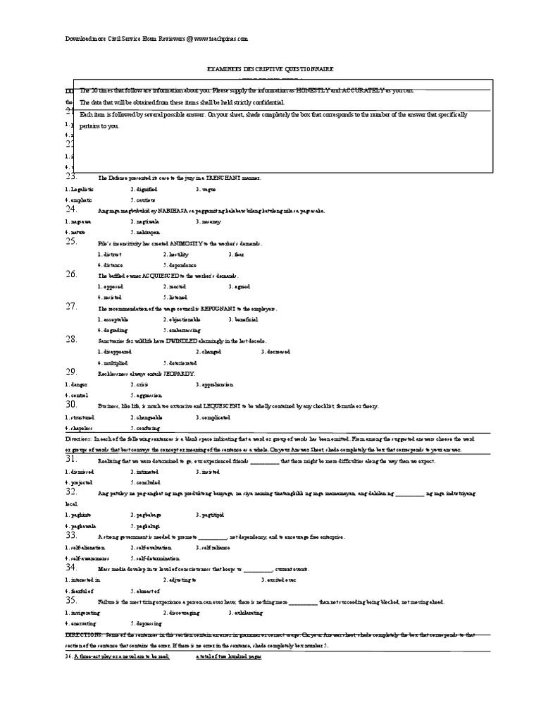 Examinees Descriptive Questionnaire | PDF | Paper