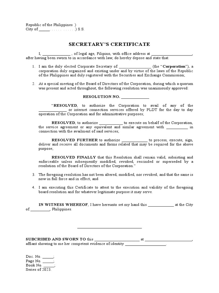 Sample Secretary's Certificate | PDF Sample Secretary's Certificate | PDF