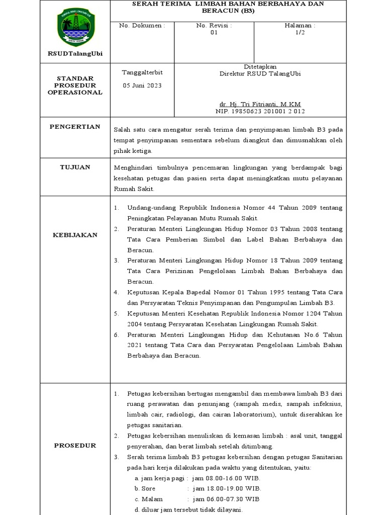 Sop Serah Terima Penyimpanan Limbah b3 Rsud Tl. Edit | PDF