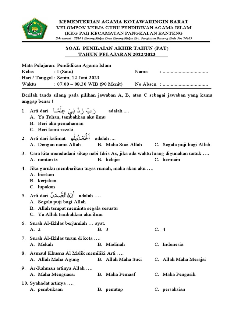 Soal Pat Pai Kelas 1 2023 | PDF