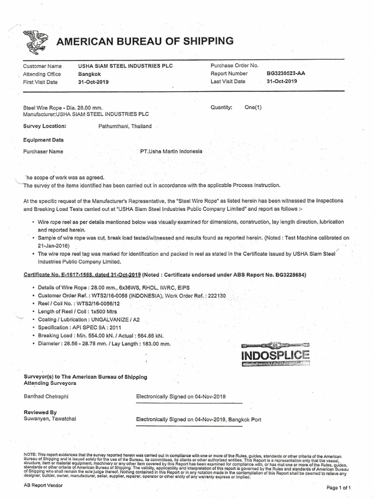 Sertifikat Wire Rope 28 MM 2020 | PDF