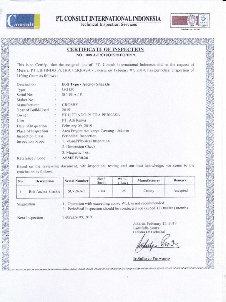 Sertifikat Shackle 25T | PDF