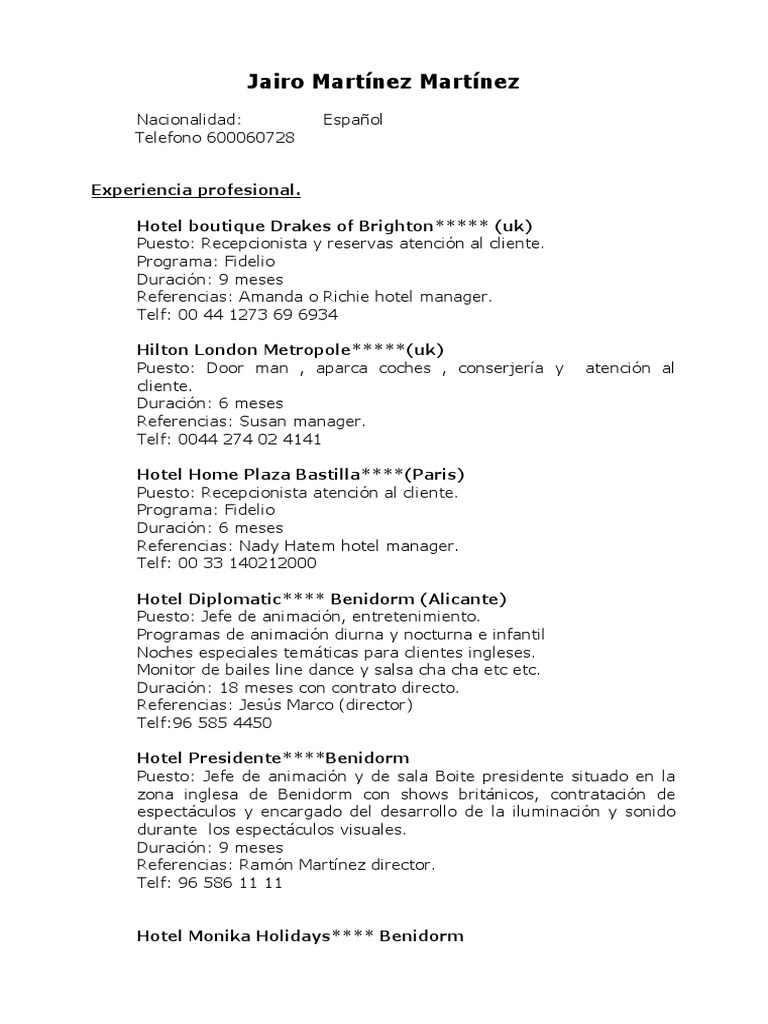 CV Jairo Martínez Martínez | PDF | Hotel | Ocio