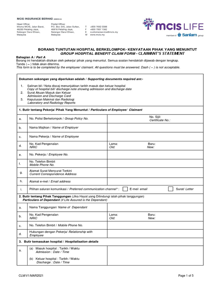 Group - Hospital Benefit Claim Form | PDF