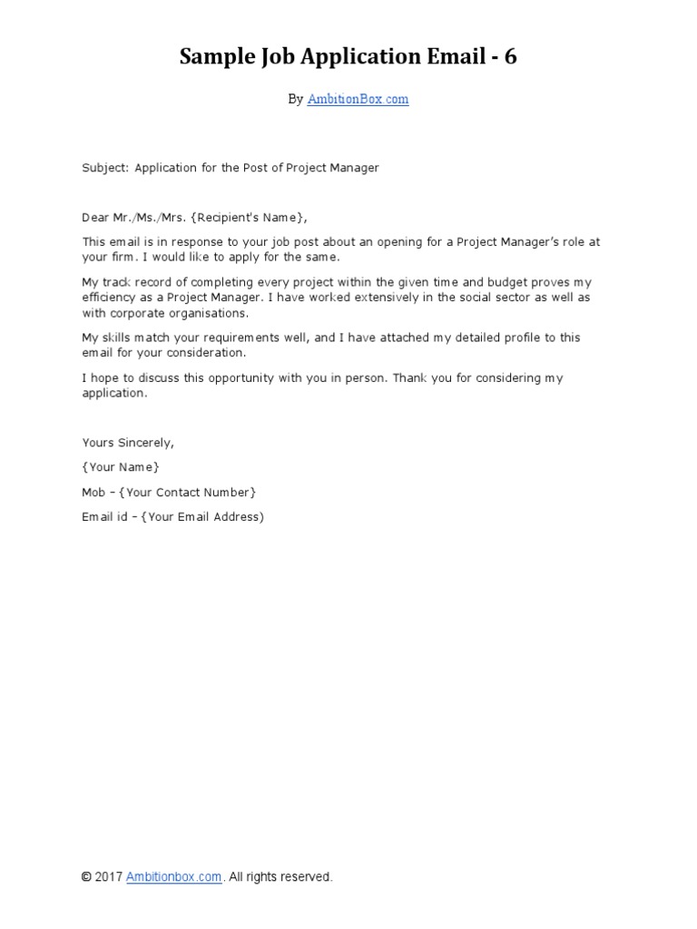 Sample Job Application Email - 6 | PDF | Career & Growth