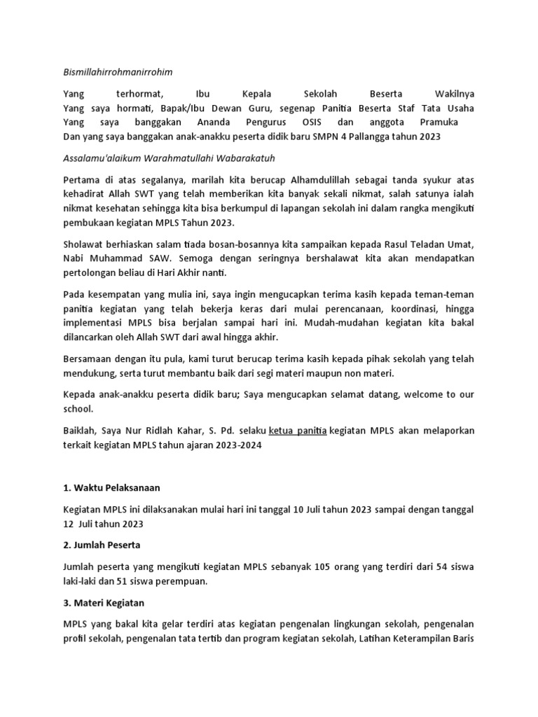 Laporan Ketua Panitia Mpls Pdf