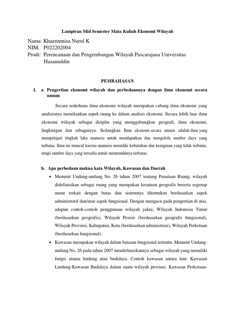 Khaerunnisa Nurulk Mid Ekonomi Wilayah Pdf Pengelolaan Keuangan And Uang Ilmu Sosial 