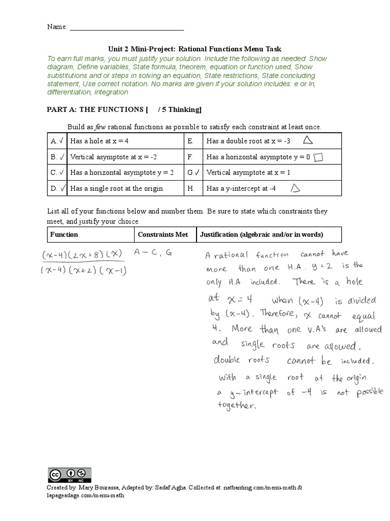 Unit 2 Mini-Project - Rational Functions Menu Task | PDF