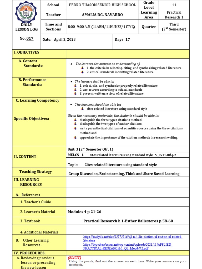.Trashed 1691472021 Grade 11 DLL - PR1 Day 17 | PDF | Citation | Learning