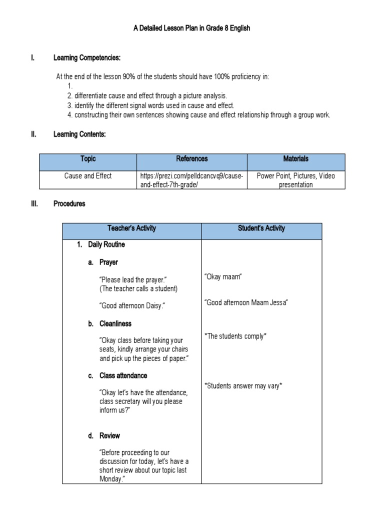 Grade 8 English Cause and Effect Lesson Plan | PDF